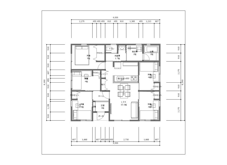 【間取り例】平屋建て 5LDK 23.125坪 (1s0503) - 間取り図コム