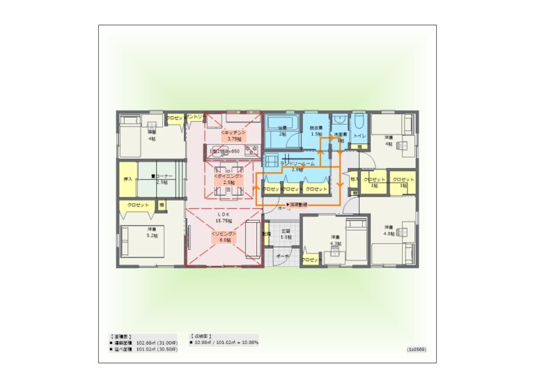 【間取り例】平屋建て 5LDK 30.50坪 (1s0569) - 間取り図コム