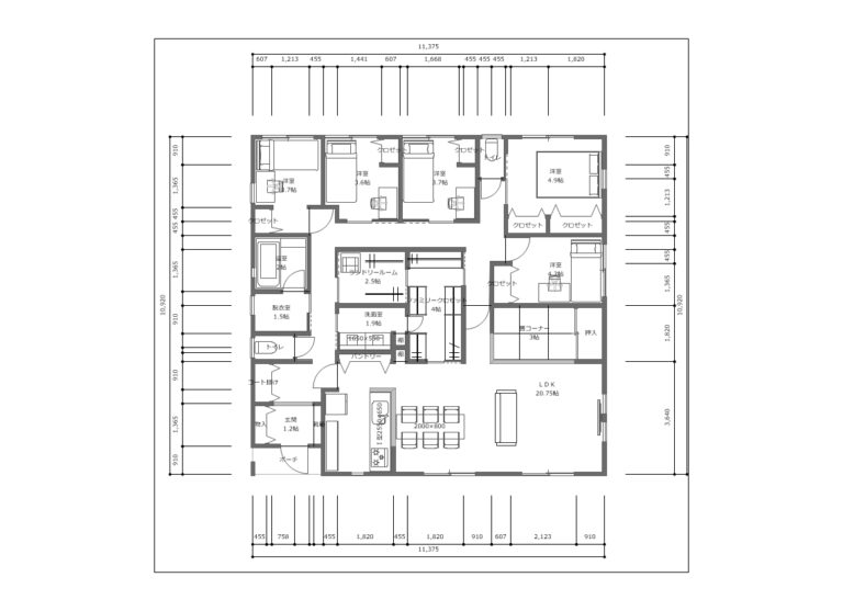 【間取り例】平屋建て 5LDK 36.875坪 (1s1313-3) - 間取り図コム